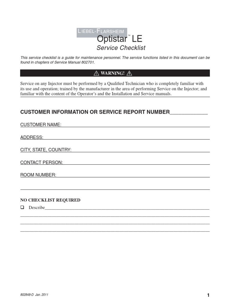 Service Checklist for the Liebel-Flarsheim Optistar LE Injector System ...