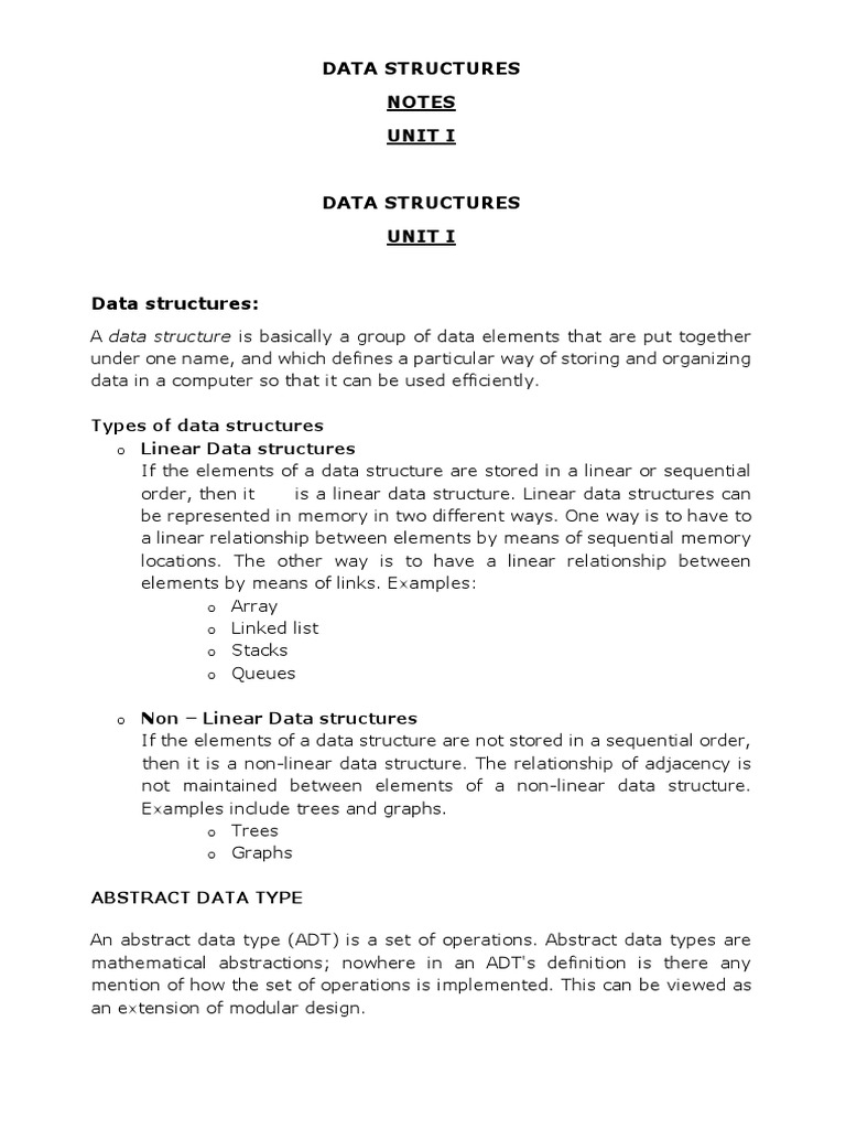 Data Structures Unit I Notes | PDF | Array Data Structure | Data Structure Data Structures Unit I Notes | PDF | Array Data Structure | Data Structure