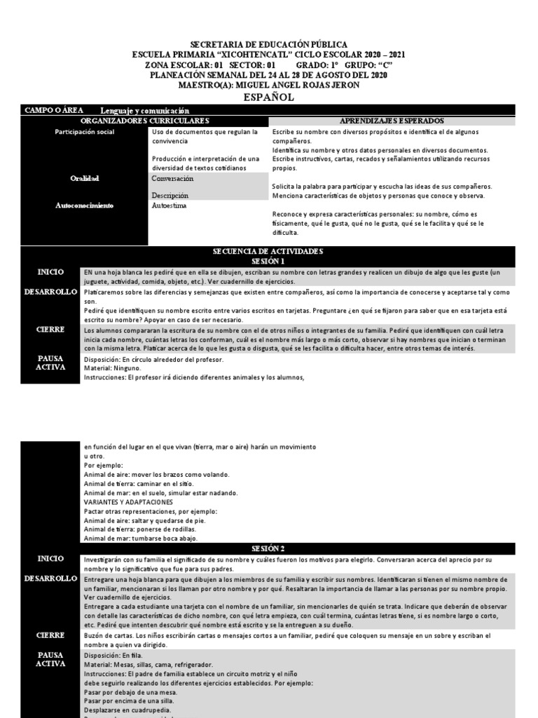 Planeación Semanal 1° Grado 2020-2021 | PDF | Educación primaria ...