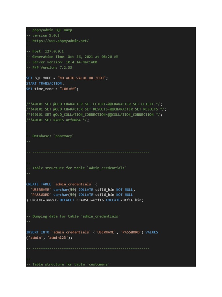 Pharmacy Database SQL Dump | PDF | Computing | Databases