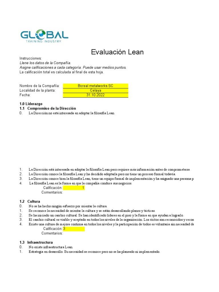 Filosofia-Lean Evaluación Lean | PDF | Six Sigma | Lean Manufacturing