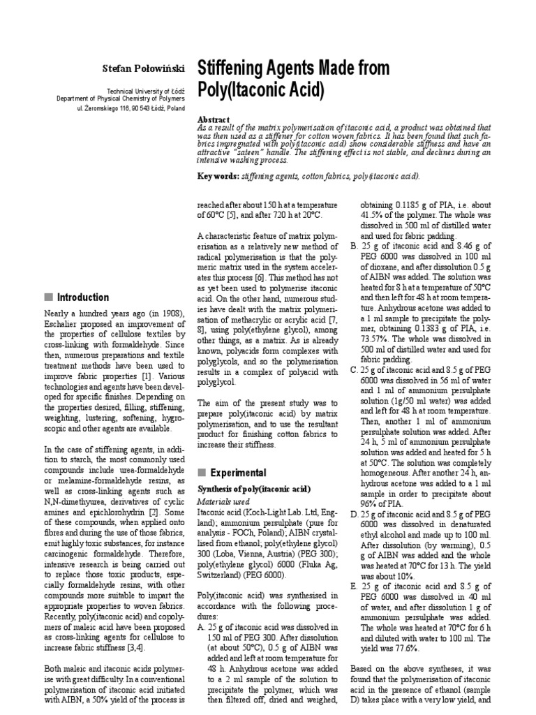 Stiffening Agents Made From Poly (Itaconic Acid) : Stefan Połowiński ...