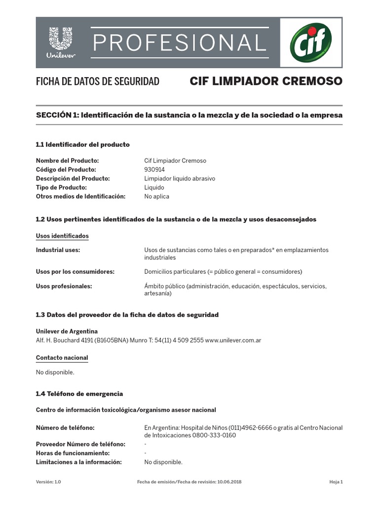 Ficha de Seguridad Cif Limpiador Cremoso | PDF | Contaminación | Agua