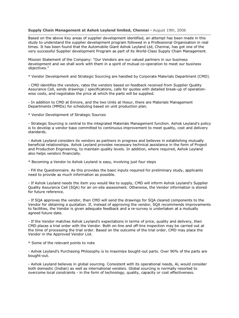 Supply Chain Management at Ashok Leyland Limited | PDF