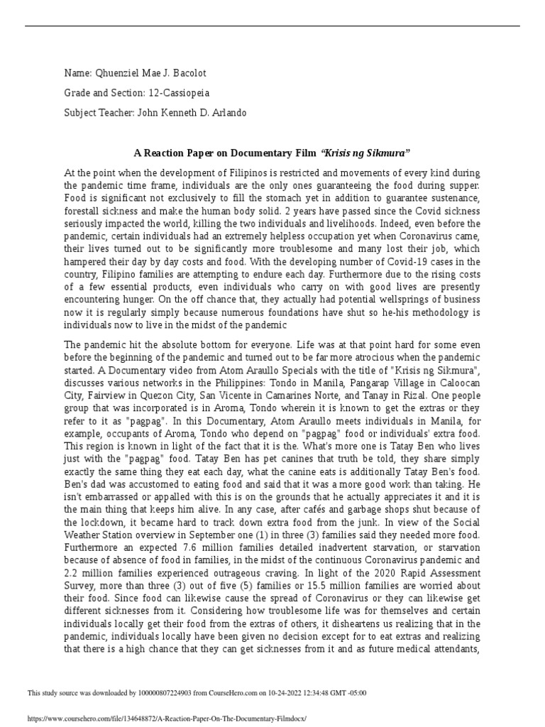 A Reaction Paper On The Documentary Film | PDF | Hunger | Philippines