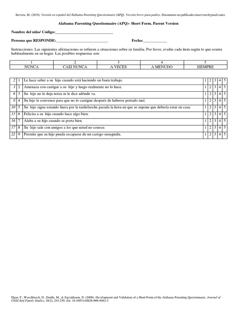 APQ Parent Spanish Short Form | PDF