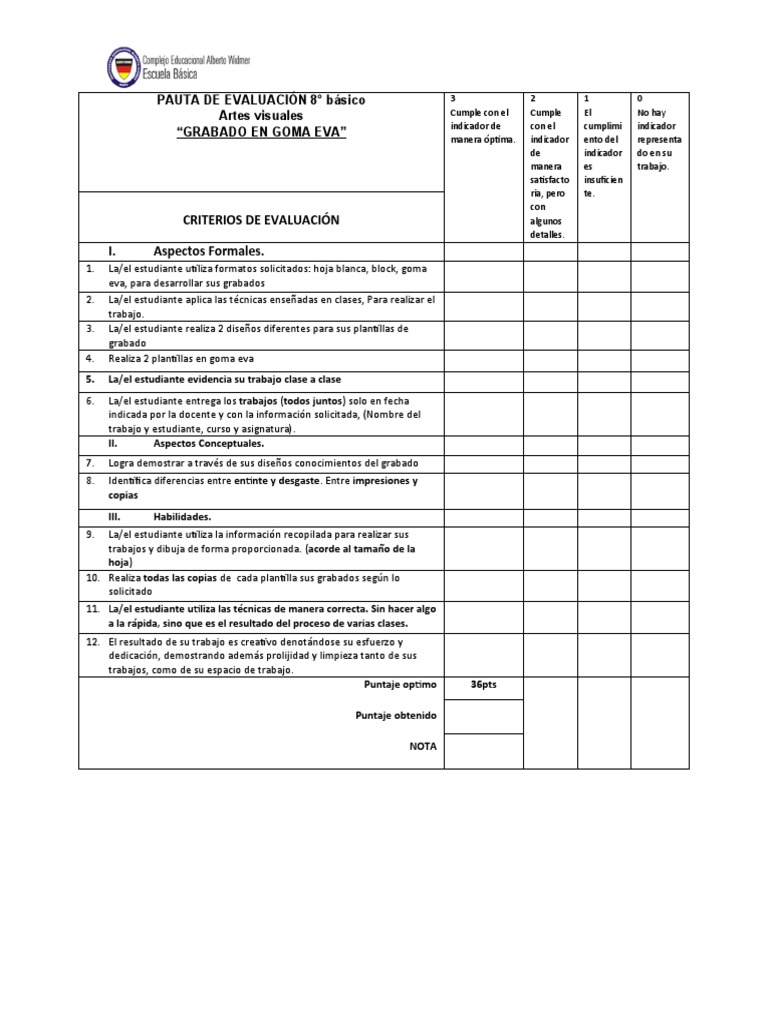 PAUTA DE EVALUACIÓN 8vo Grabado | PDF | Evaluación