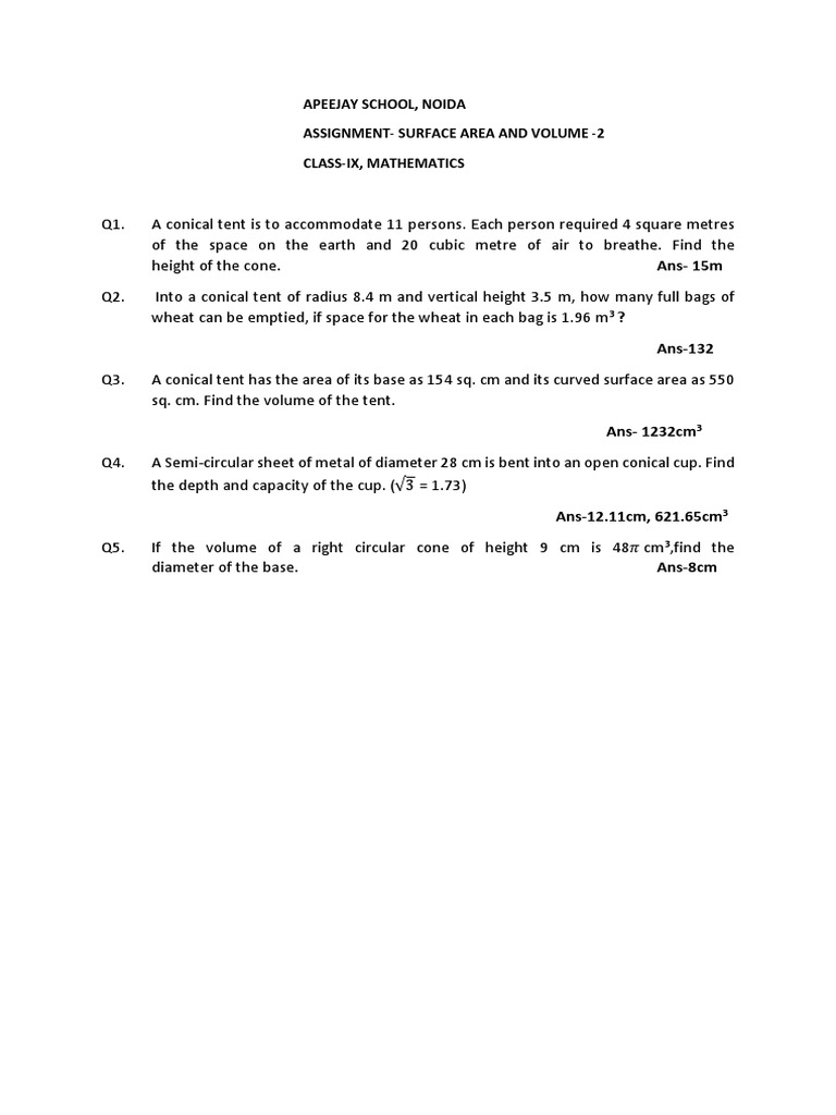 Assignment On Surface Area and Volume-2 | PDF