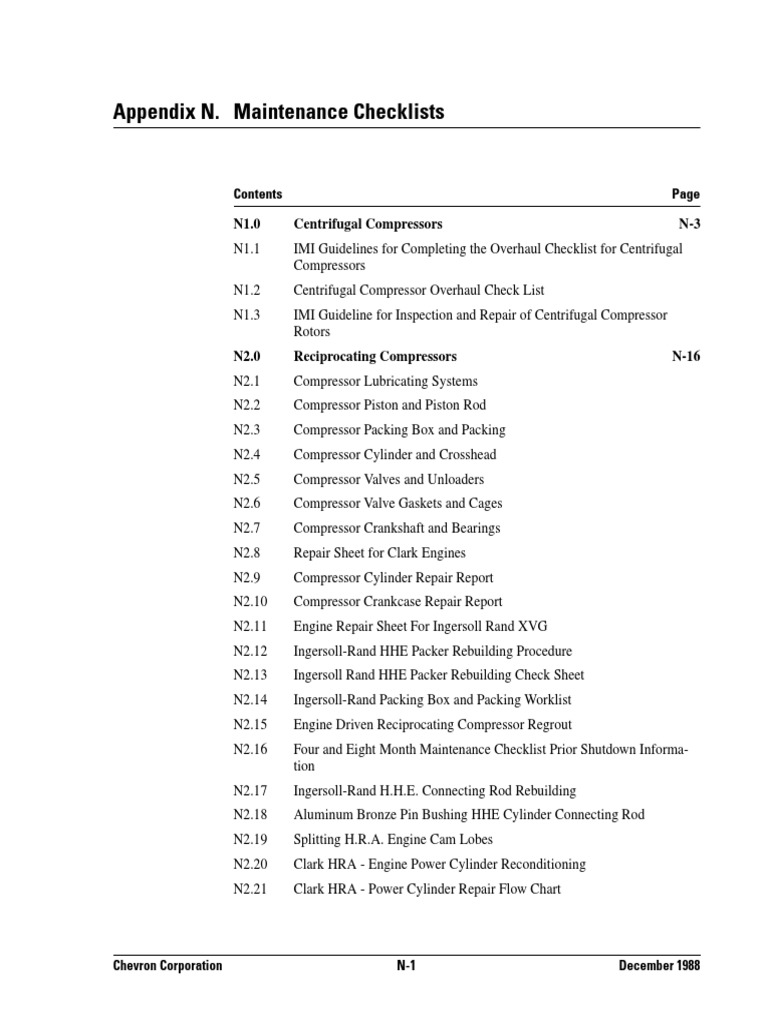 Maintenance checklists for centrifugal and reciprocating compressors ...