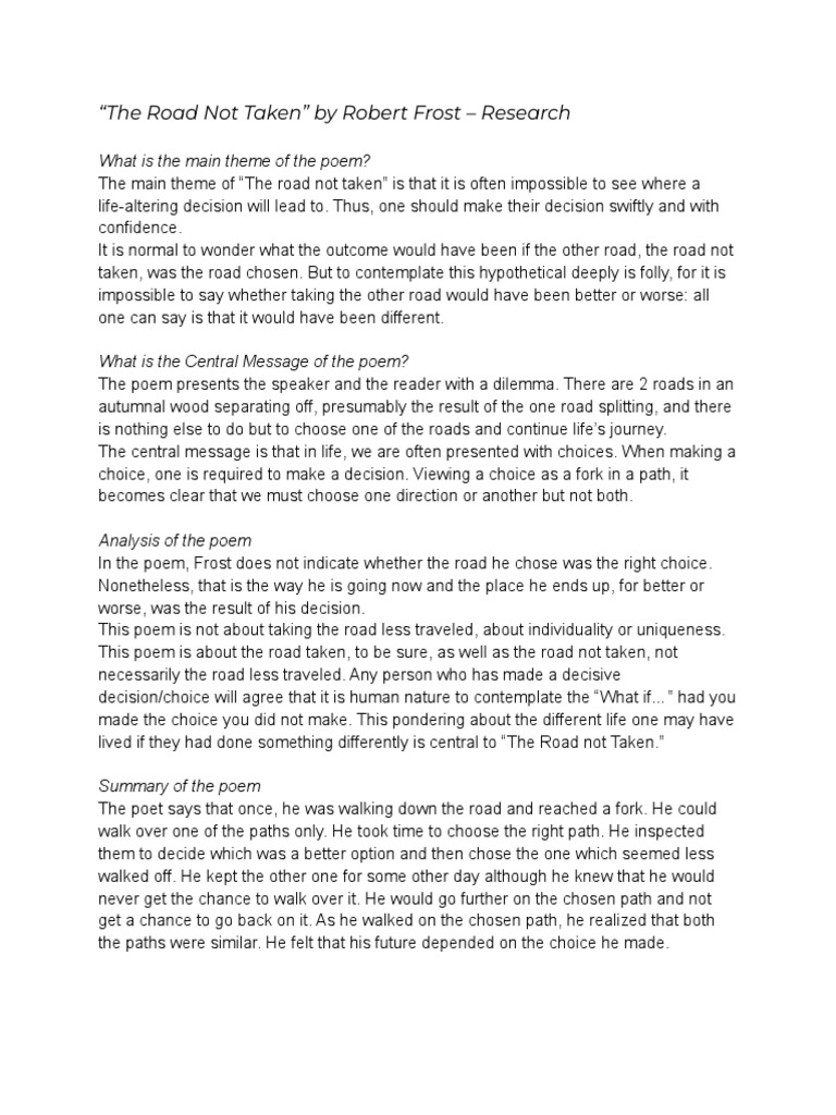 "The Road Not Taken" by Robert Frost - Research | PDF | Poetry