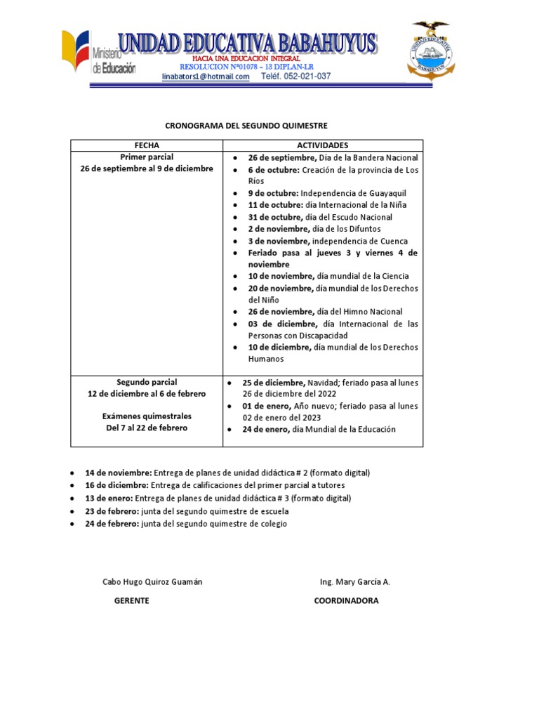 Cronograma Educativo Segundo Quimestre | PDF