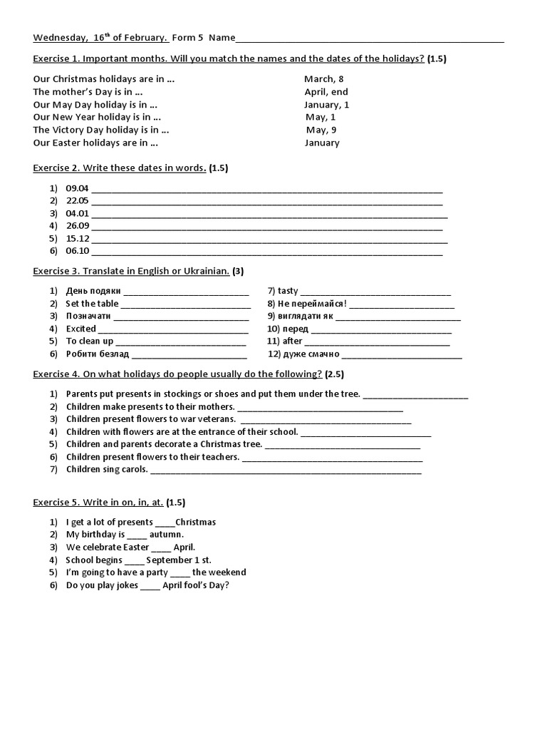 5 Form (2 Sem) Holidays Test | PDF