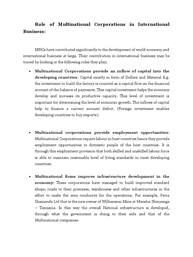 Role And Importance Of Multinational Corporations In International