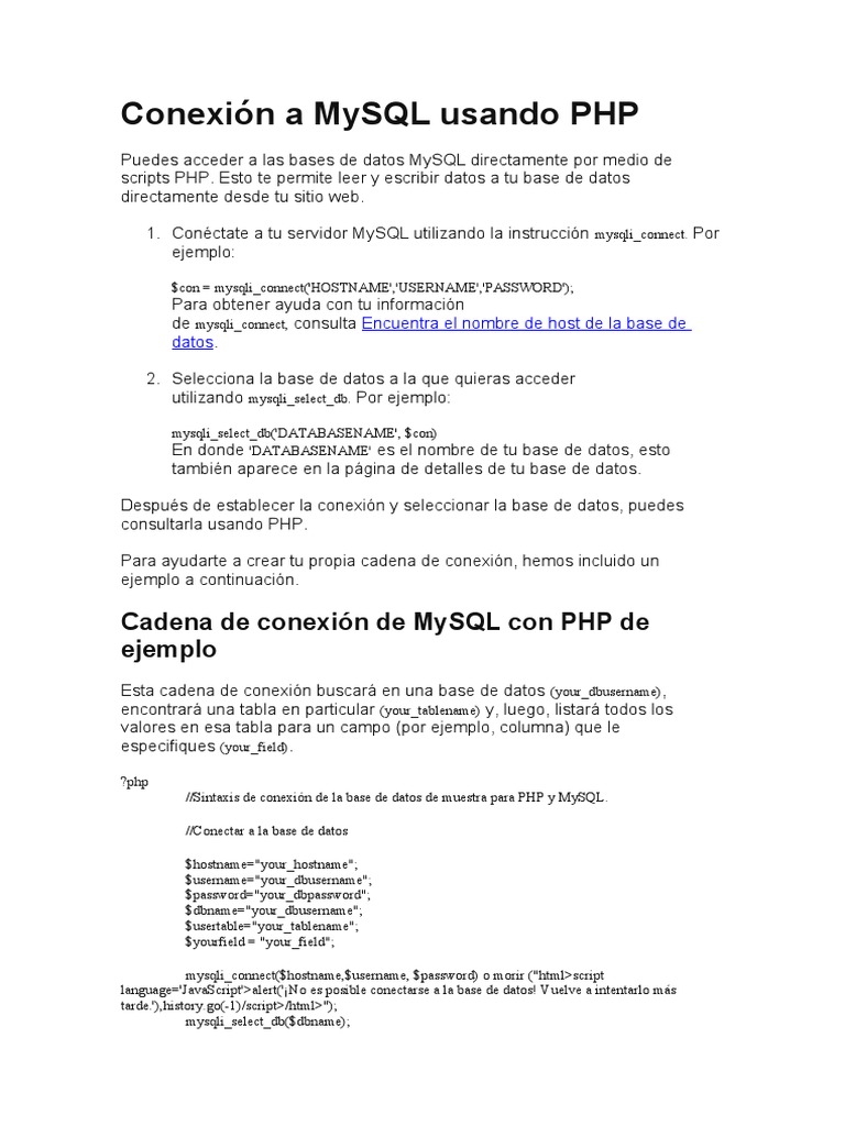 Conexión A MySQL Usando PHP | PDF | Php | Bases de datos