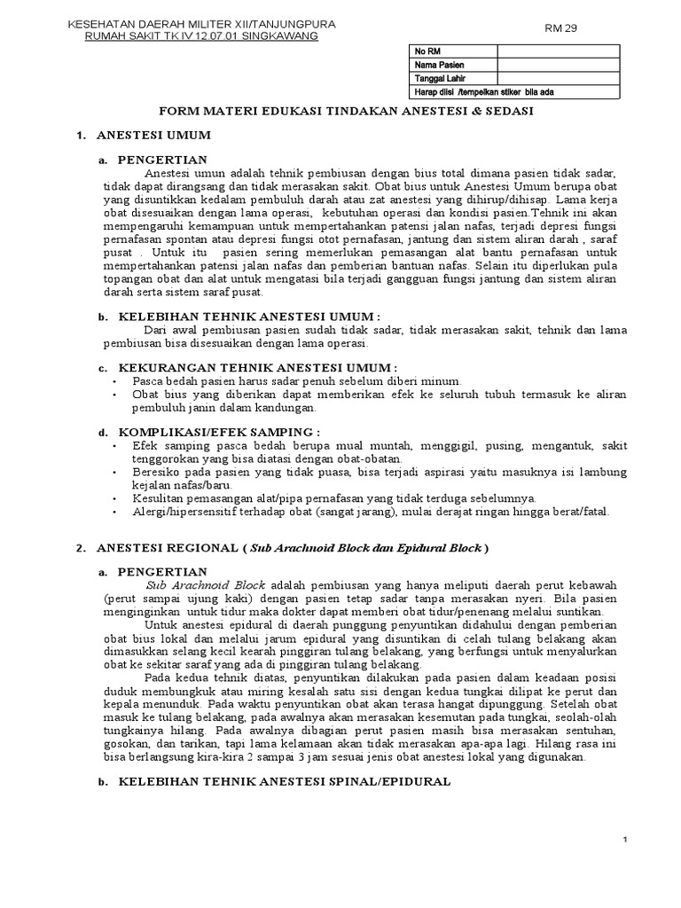 RM 29 Form MATERI Edukasi Anestesi & Sedasi DAN IC SEDASI | PDF