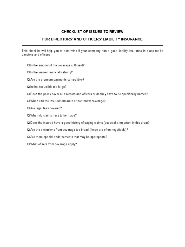 Checklist - Directors and Officers Insurance | PDF