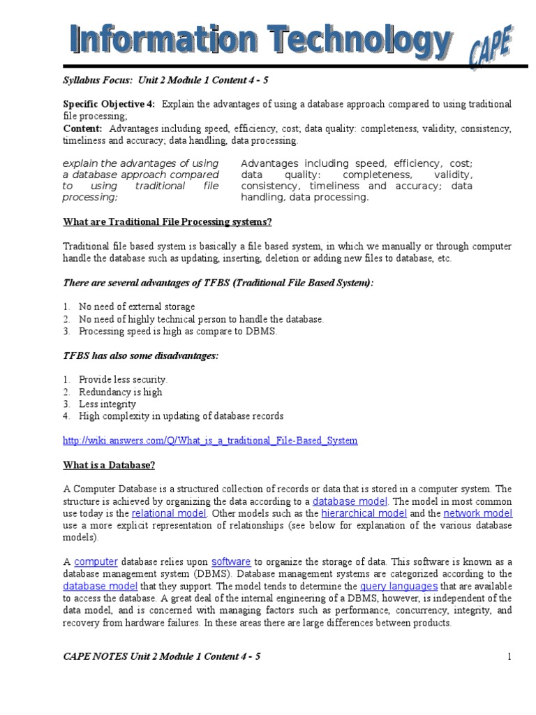 CAPE NOTES Unit 2 Module 1 Database Management | PDF | Databases ...