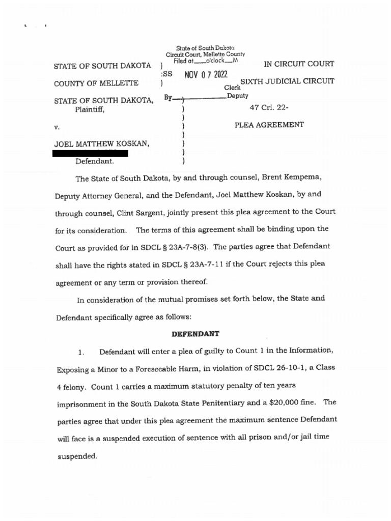 Joel Koskan Plea Agreement Summary | PDF | Plea Bargain | Plea