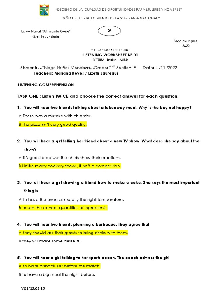 English 2º Grado Listening Worksheet #1 Iv Term - Thiago | PDF