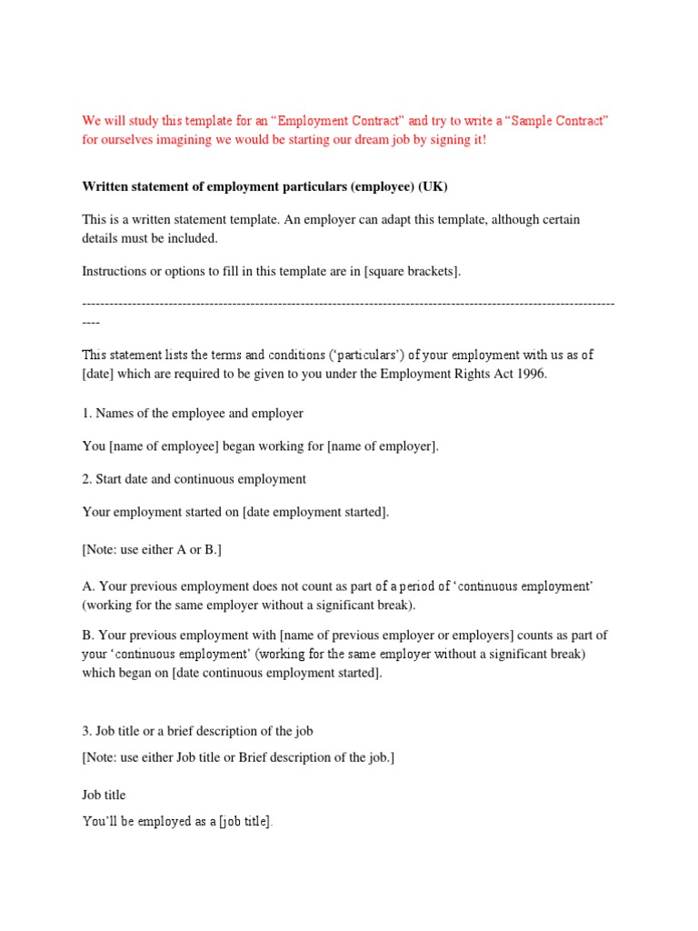 Template For Written Terms of Employment Employee - 1 | Download Free ...