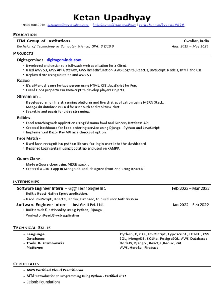 Ketan Upadhyay's Resume Highlighting Full Stack Development Experience ...