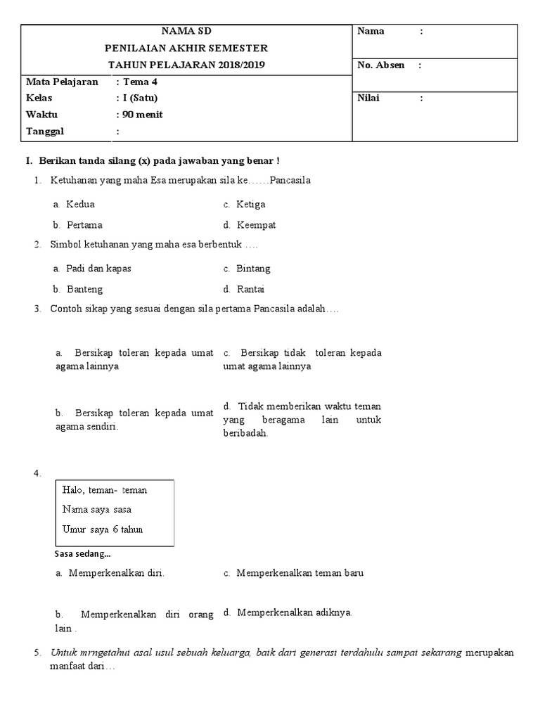 SOAL PAS KELAS 1 TEMA 4 (Denok Google Form | PDF