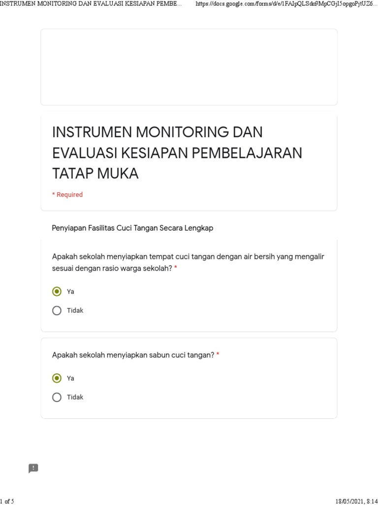 Instrumen Monitoring Dan Evaluasi Kesiapan Pembelajaran Tatap Muka6 | PDF