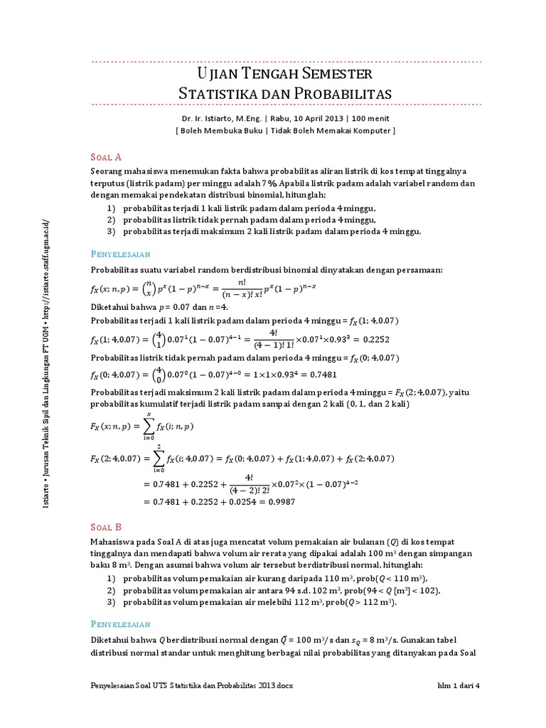 Penyelesaian Soal UTS Statistika Dan Probabilitas 2013 | PDF