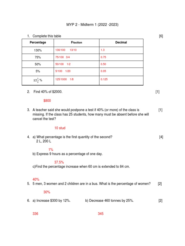 MYP 2 Math Midterm Solutions | PDF | Percentage | Mathematics
