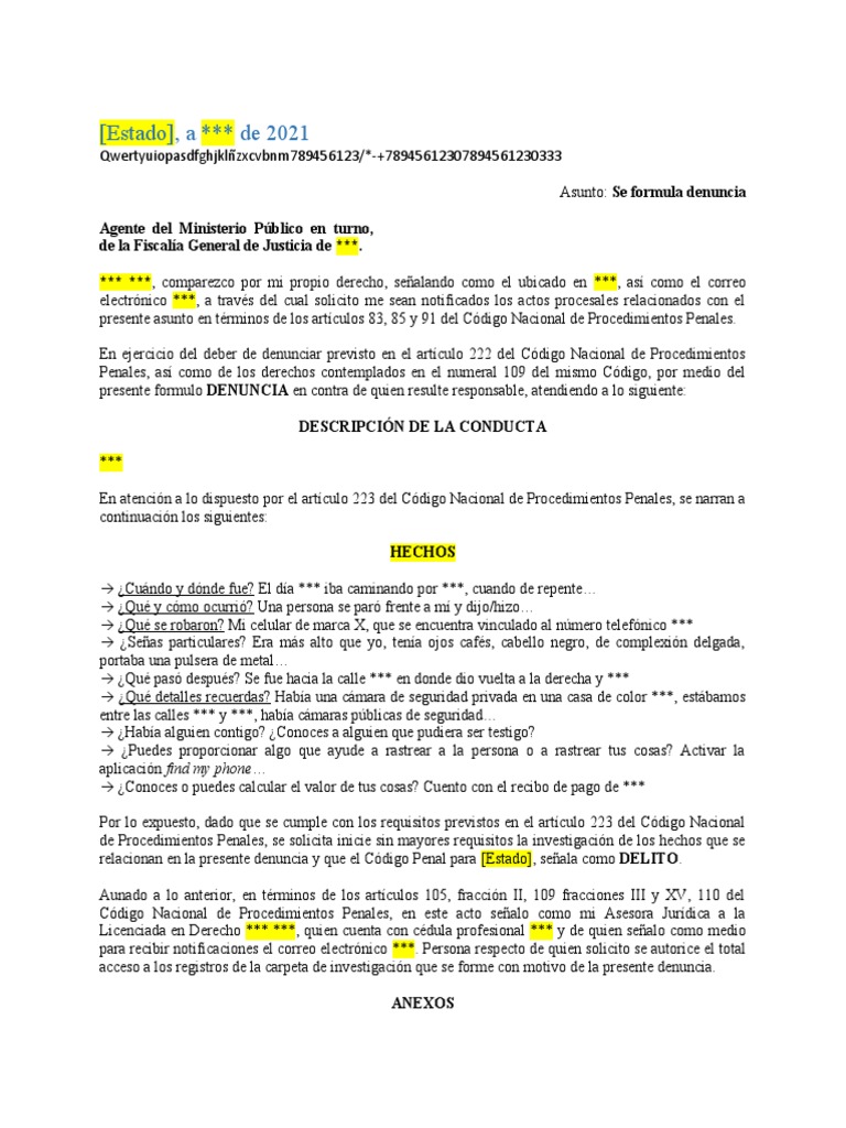 Denuncia Machote 781 | PDF | Derecho penal | Gobierno