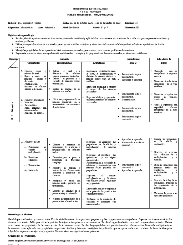 Unidad Trimestral Matematicas 8 Y 9 Iii Trimestre 2022 Pdf