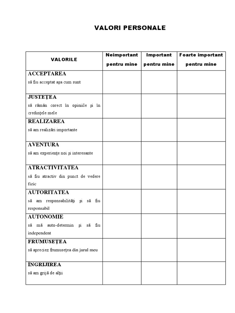 Chestionar Valori Personale | PDF