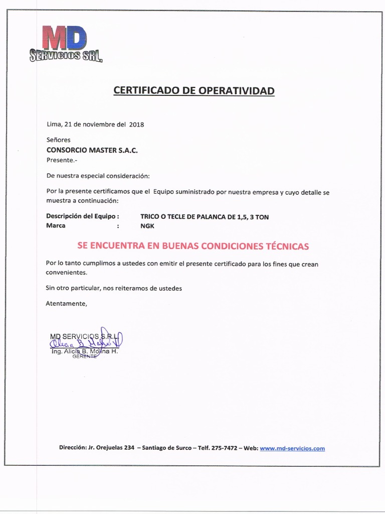 3.-Certificados de Operatividad - Trico, Sapo, Tilfor | PDF