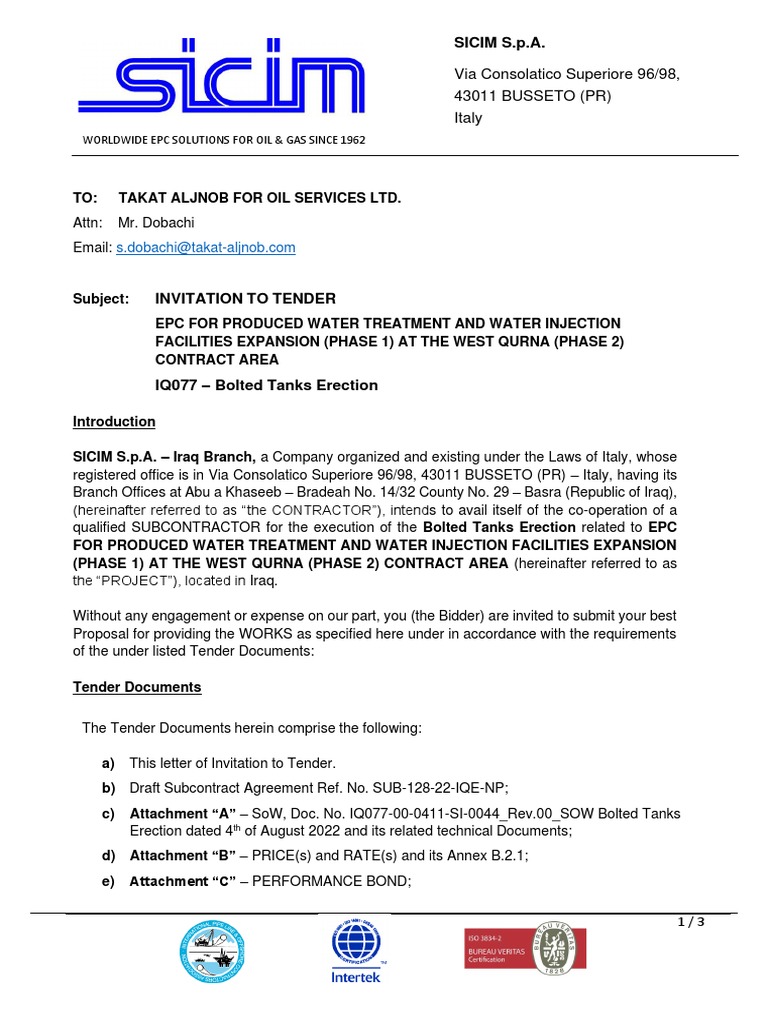 Invitation to Tender: EPC Water Facilities | PDF | Business