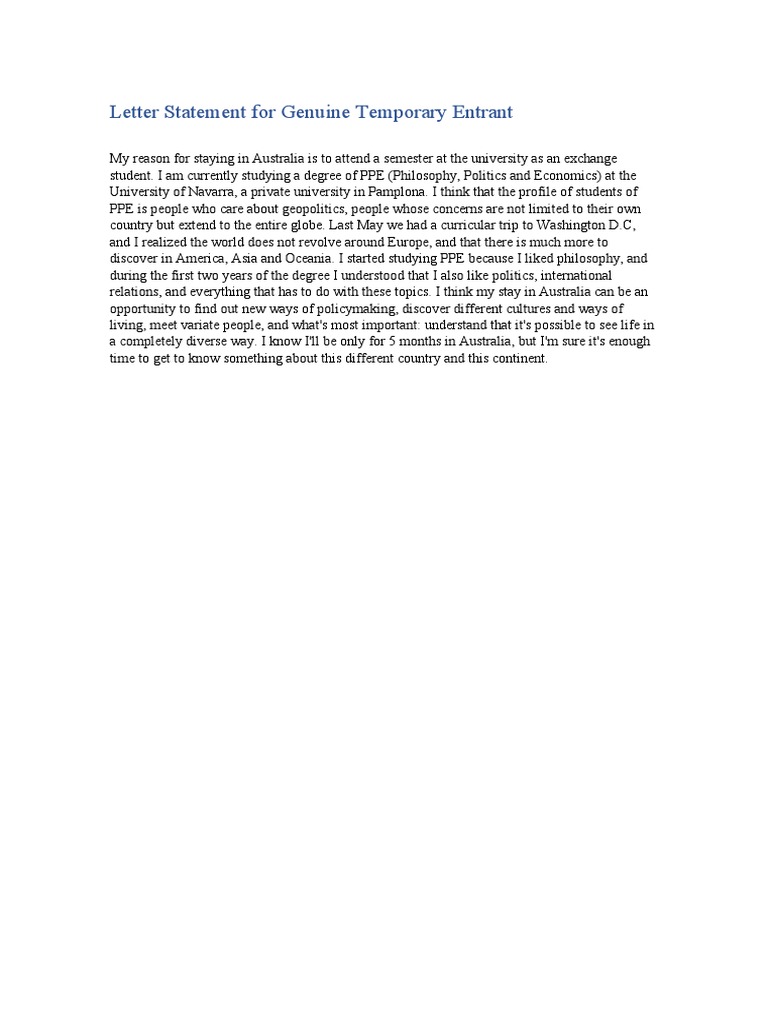 Letter Statement For Genuine Temporary Entrant | PDF