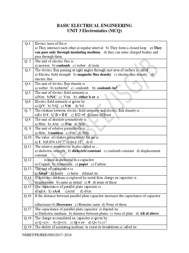BEE Electrostatic MCQ | PDF | Capacitor | Dielectric
