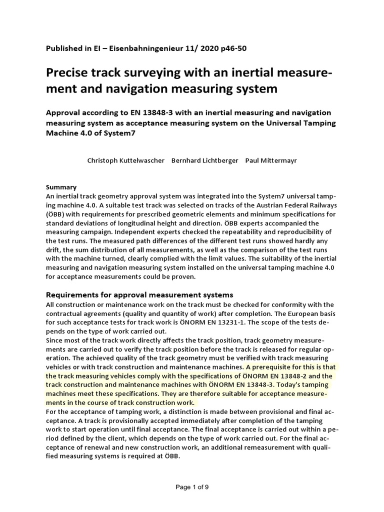 Precise Track Surveying With An Inertial Measure - Ment and Navigation Measuring System | PDF ...