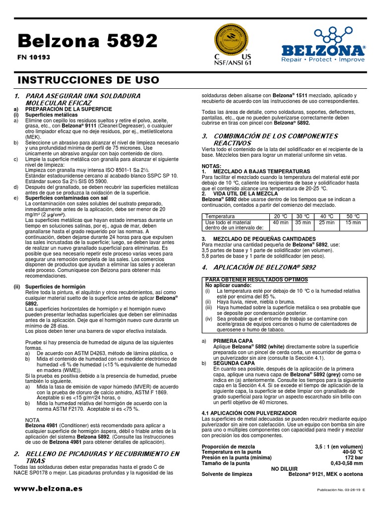 Belzona 5892 Inst Uso | PDF | Revestimiento | Humedad