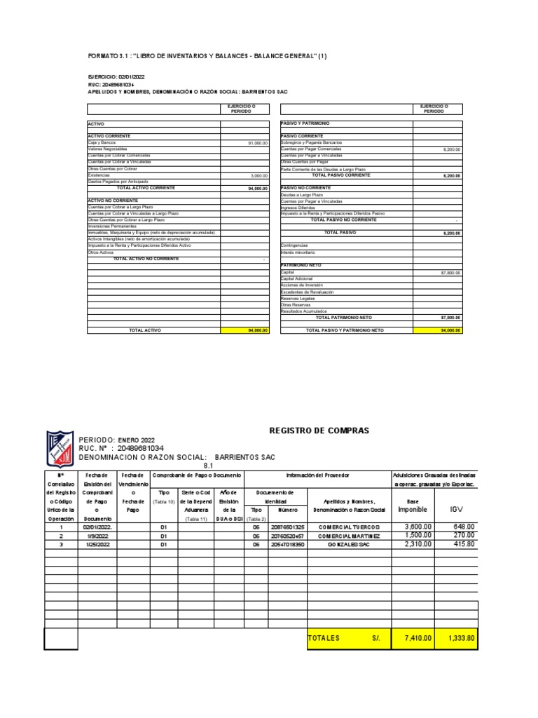 Formato 3.1: "Libro de Inventarios Y Balances - Balance General" | PDF ...
