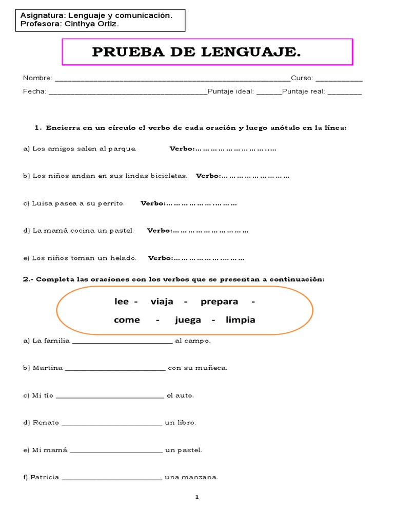 Prueba Lenguaje Verbos | PDF