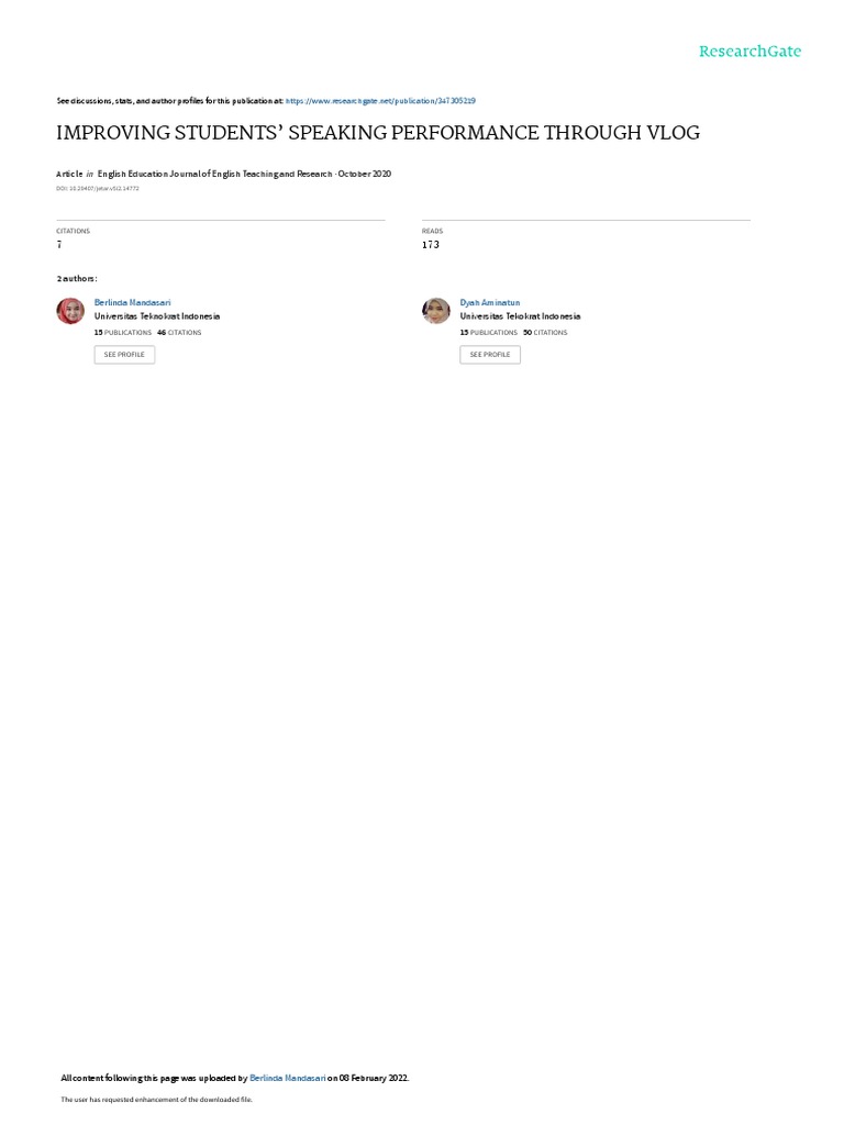 Improving Students' Speaking Performance Through Vlog | PDF | Learning | Teaching Method