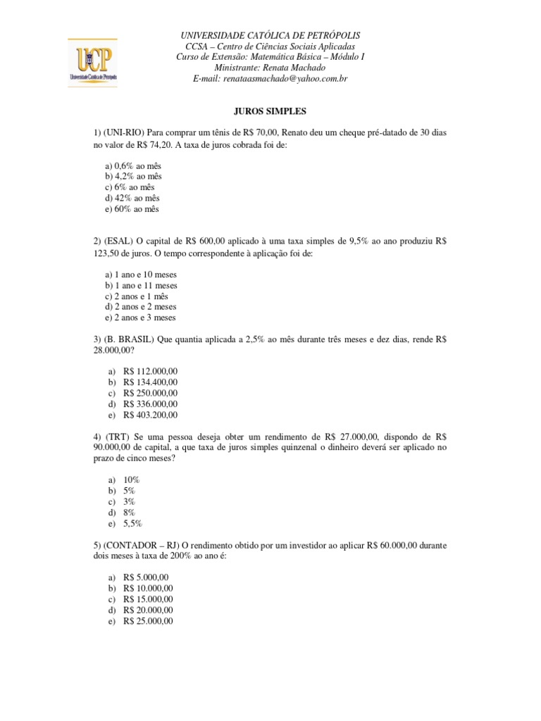 Exercício - Juros Simples Alunos Com Gabarito | PDF | Juros | Bancos