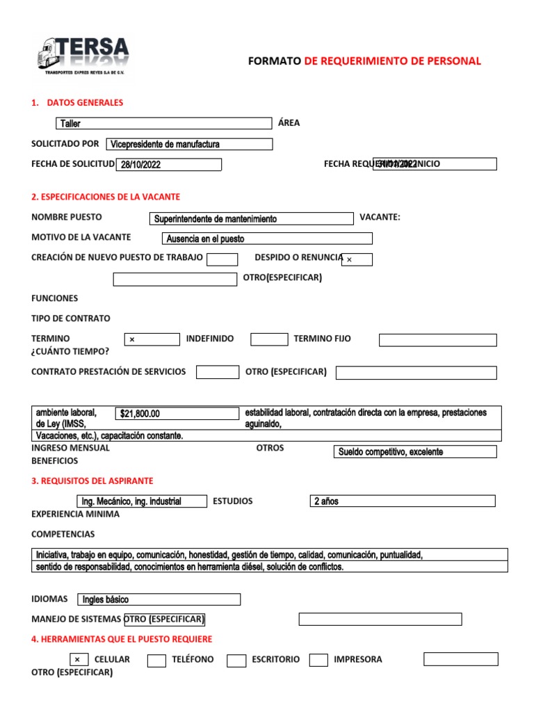 Modelo De Ficha De Requerimiento De Personal