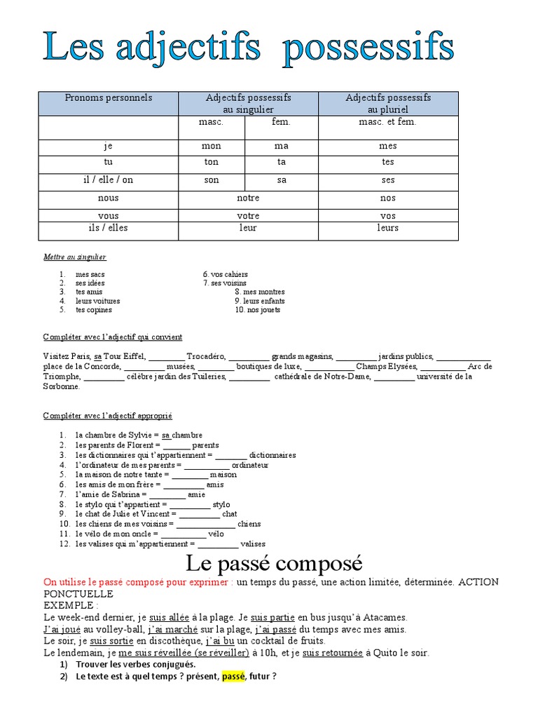 Les Adjectifs Possessifs | PDF | Verbe | Nombre grammatical