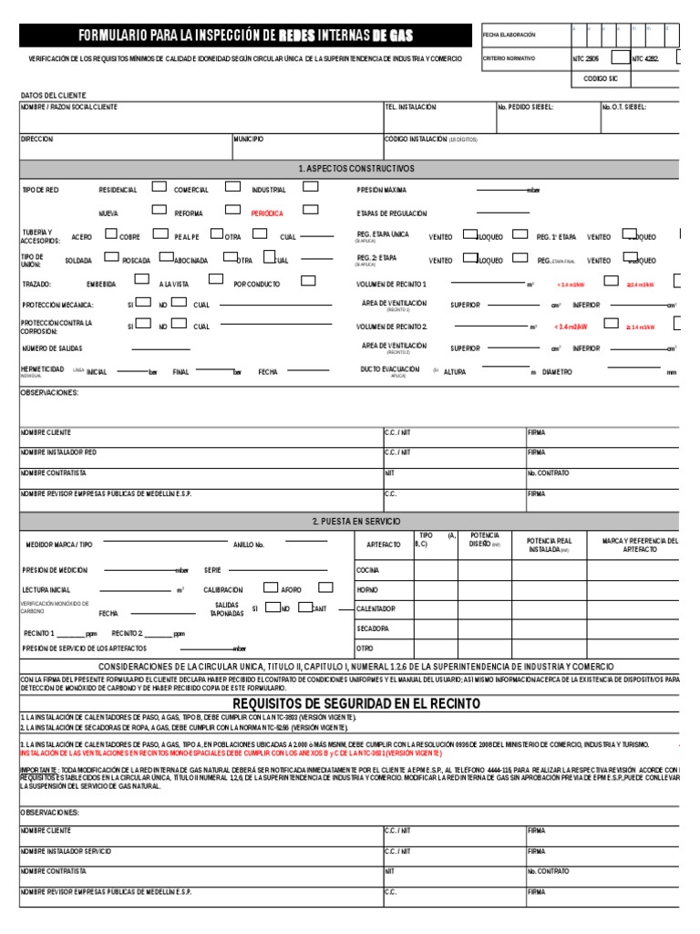 FORMATO Formulario para La Inspeccion de Redes Internas de Gas | PDF | Tubería (transporte de ...