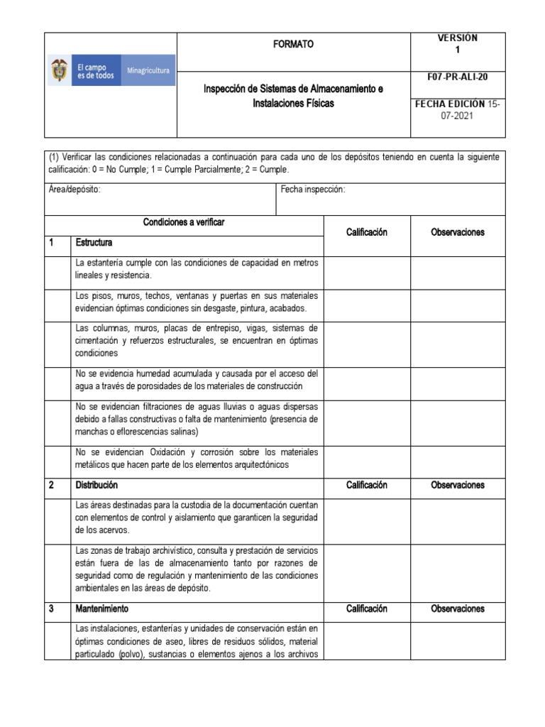 Formato Inspección de Sistemas de Almacenamiento e Instalaciones ...