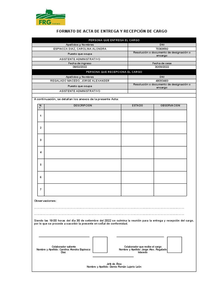 Formato de Acta de Entrega y Recepción de Cargo | PDF