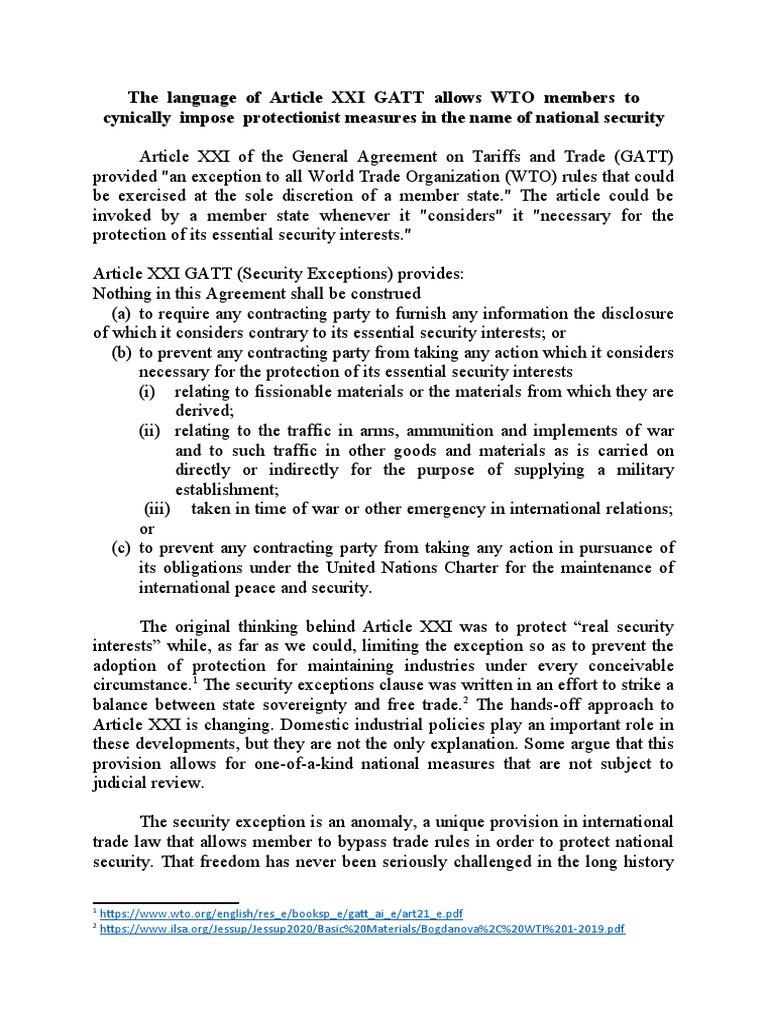Language of Article XXI GATT Allows WTO Members To Cynically Impose ...