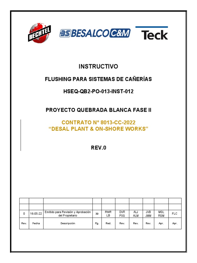 HSEQ-QB2-PO-013-INST-012 Rev 0 Flushing para Sistema de Cañerías | PDF | Filtración | Calibración
