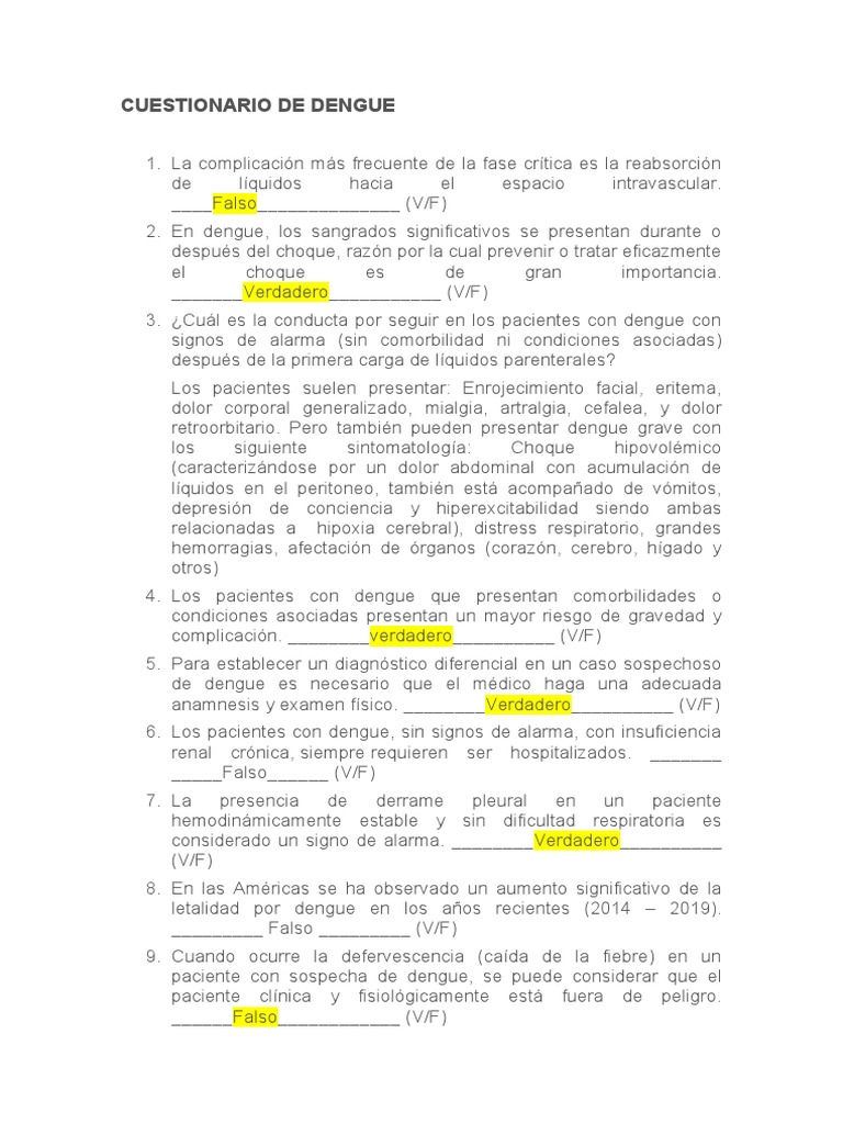 Cuestionario de Dengue | PDF | Estómago | Causas de la muerte